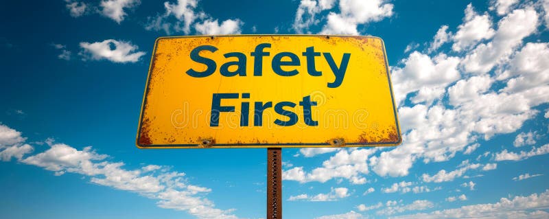 Bright Yellow Safety First Sign Against a Vibrant Blue Sky with Fluffy ...