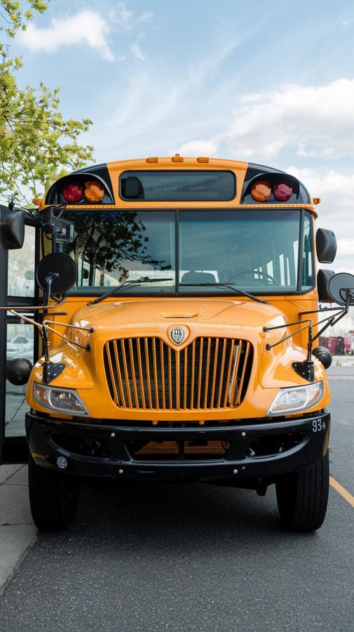 Bright Yellow School Bus Head on, Central Grille, Headlights ...