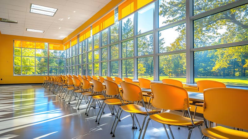 Bright Yellow School Cafeteria with Large Windows Overlooking a Park ...
