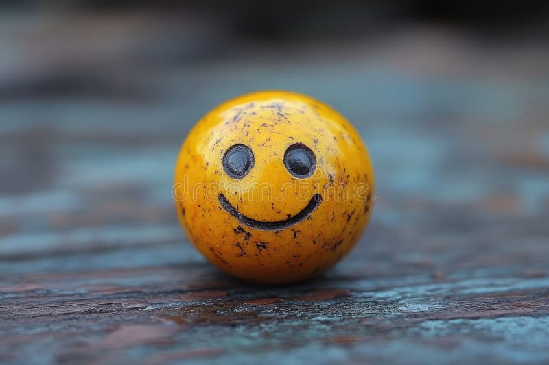 Smiling Yellow Stone Ball on Rustic Wooden Background Stock ...