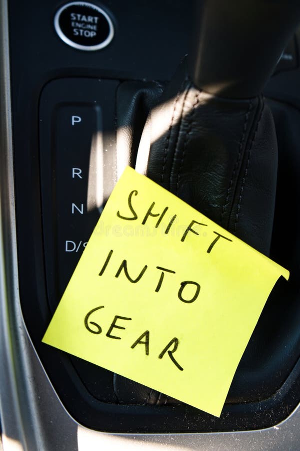 Sticky Note with Shift into Gear on Car Gear Shift Stock Photo - Image ...