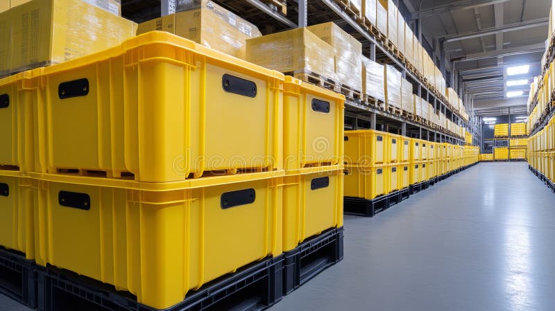 Bright Yellow Storage Crates Neatly Organized in a Spacious Warehouse ...