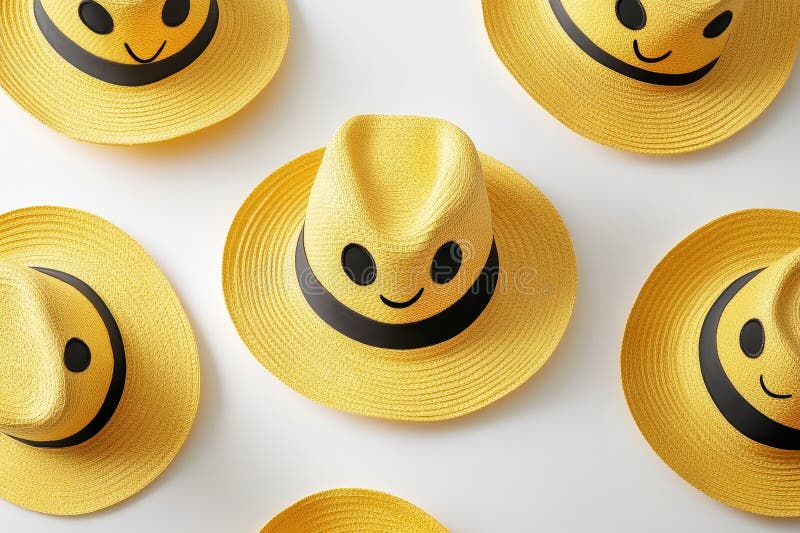 Bright Yellow Straw Hats with Smiley Faces Arranged on a White ...