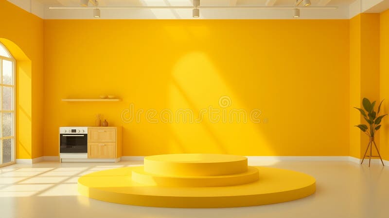 Bright Yellow Studio with Steps and a Modern Kitchen Stock Illustration ...