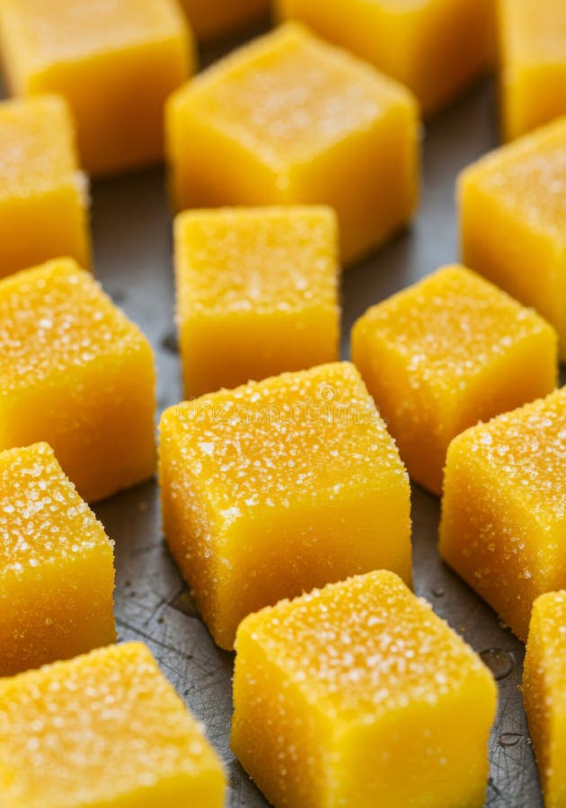 Bright Yellow Sugar Coated Candy Cubes on Dark Background Stock ...