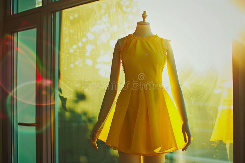 Bright Yellow Summer Dress on Mannequin, Sunlight Effect Stock Image ...