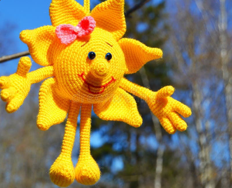 Bright Yellow Sun Made of Threads on a Tree Branch, Spring Mood Stock ...