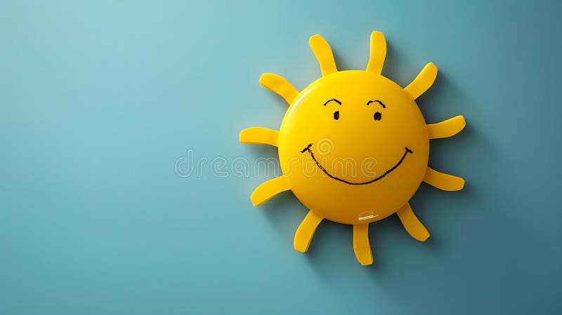 A Bright Yellow Sun with a Smiley Face Against a Blue Solid Background ...