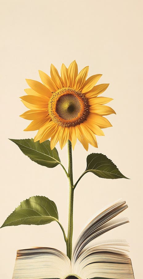 Bright Yellow Sunflower Growing from Open Book with Beige Background ...