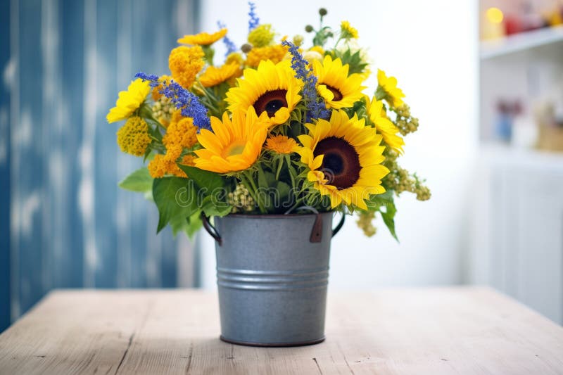 Bright Yellow Sunflowers in a Bucket Stock Photo - Image of garden ...