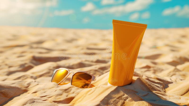 Bright Yellow Sunscreen Bottle and Sunglasses on a Sandy Beach Under a ...