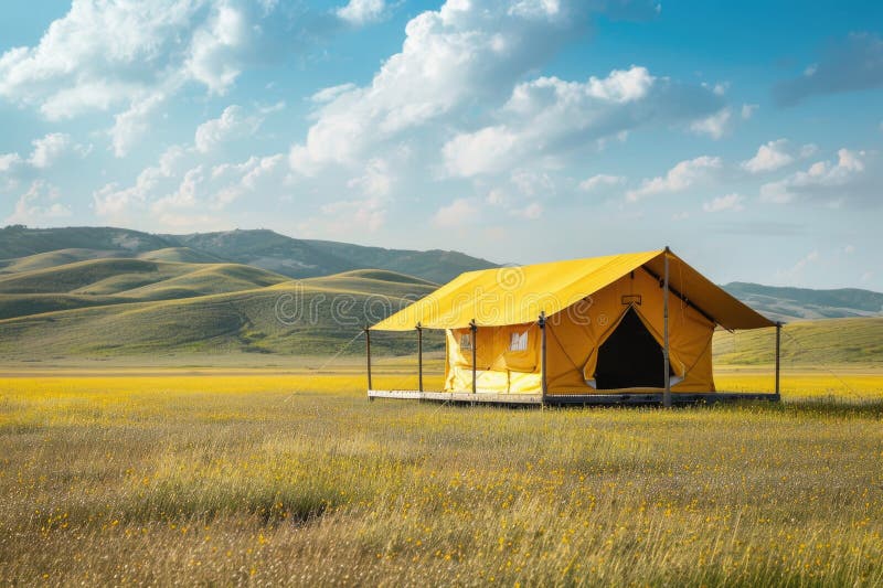 A Bright Yellow Tent in an Open Field Surrounded by Majestic Mountains ...