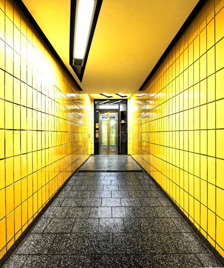 Yellow Tiled Corridor with Elevator Stock Illustration - Illustration ...