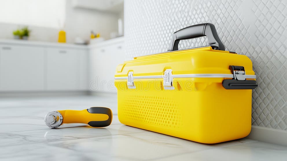 A Bright Yellow Toolbox and Tool on a White Tiled Floor in a Modern ...