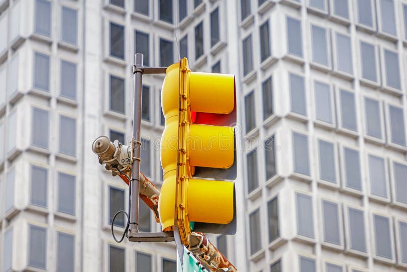Bright Yellow Traffic Lights On The Windows Pattern Background Stock ...