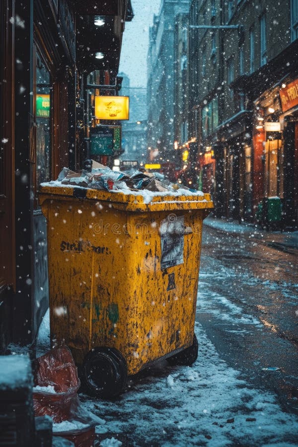 A Bright Yellow Trash Can Sitting on the Side of a Street, Awaiting Its ...