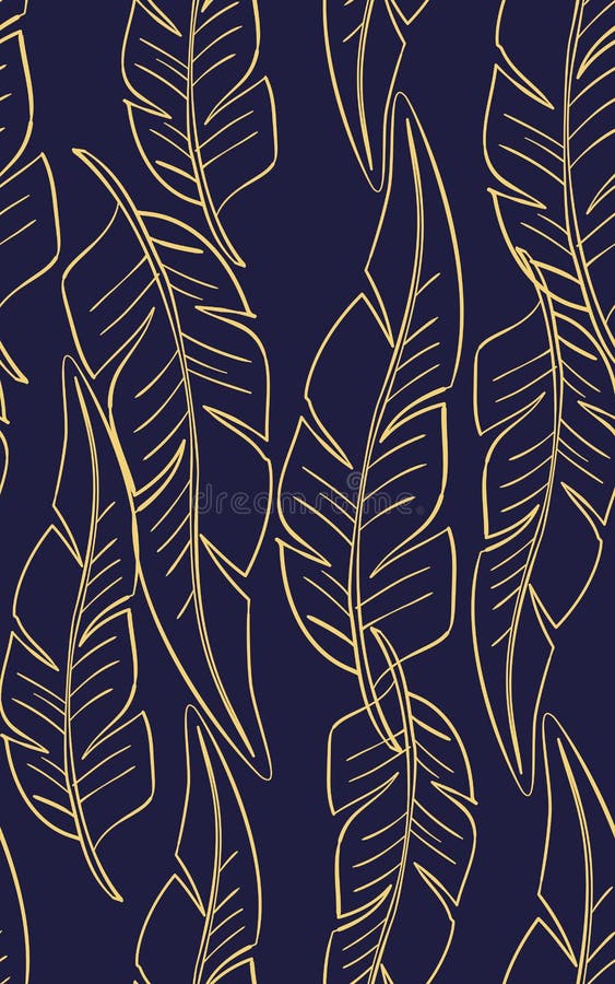Bright Yellow Tropical Leaves on Deep Blue Background Seamless Pattern ...