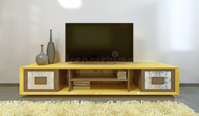 Bright Yellow TV Unit in Modern Living Room. Stock Illustration ...
