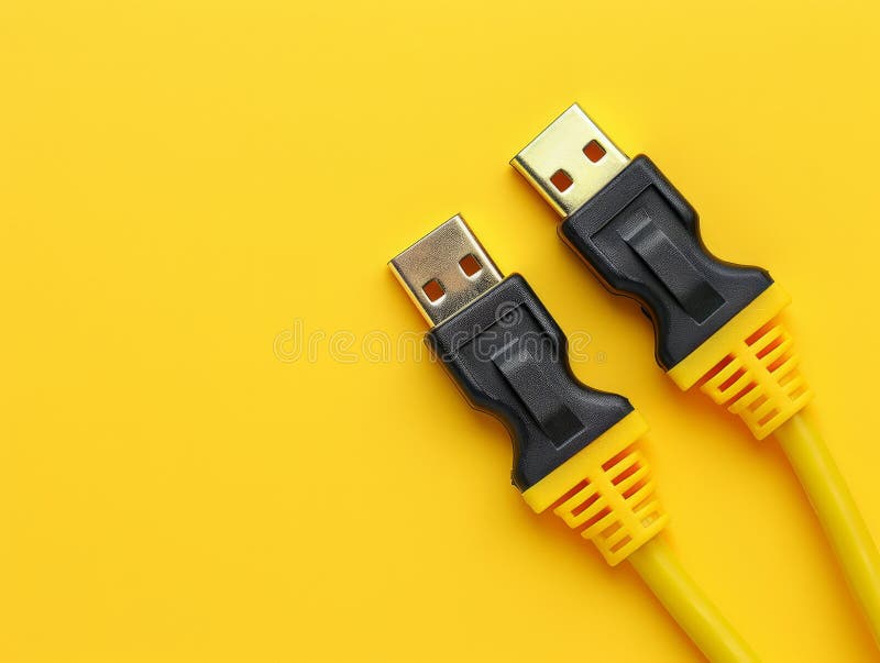 Bright Yellow USB Cables on Yellow Background Close Up of Two USB ...