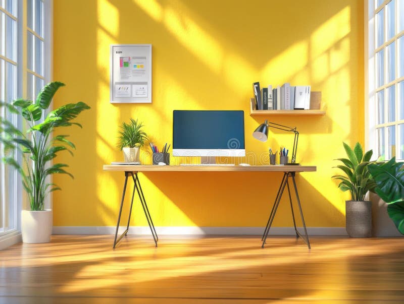 Bright Yellow Workspace, a Home Office Design Guide Stock Illustration ...