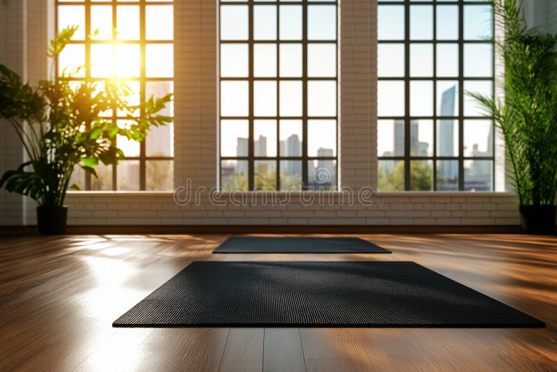 Bright Yoga Studio with Large Windows Plants and Wooden Floor Stock ...