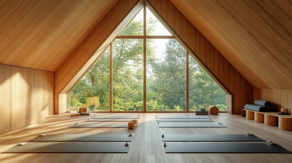 Bright Yoga Studio with Natural Light and Green View in Serene Indoor ...