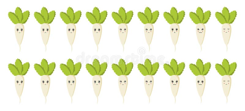 Illustrate Vegetable Emoji of Radish Expressing Smile, Cry, Surprise ...