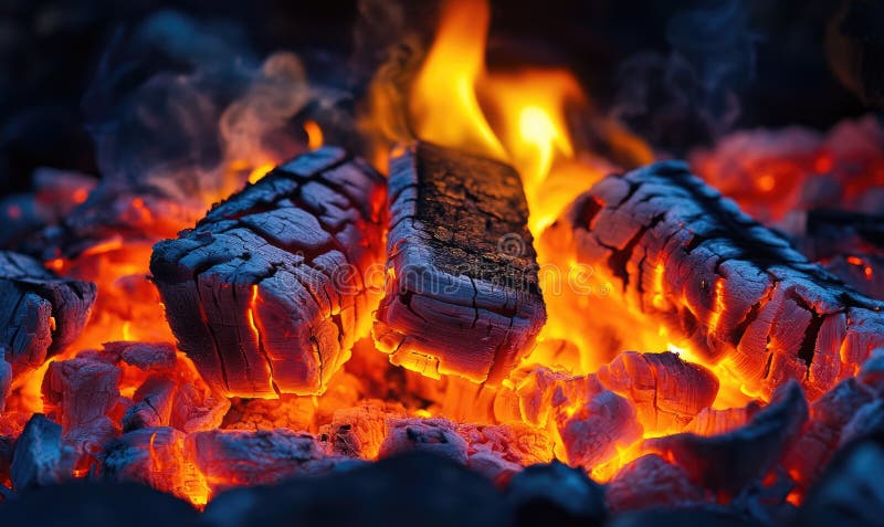 A Brightly Burning Log Closeup, Flames Flickering, Glowing Ash Stock ...