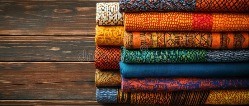 Brightly Colored African Fabric is Arranged in a Neat Stack on a Rustic ...