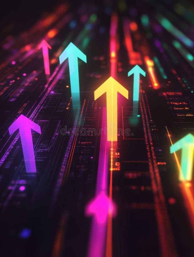 Colorful Digital Arrows Point Upward through a Vibrant Abstract ...
