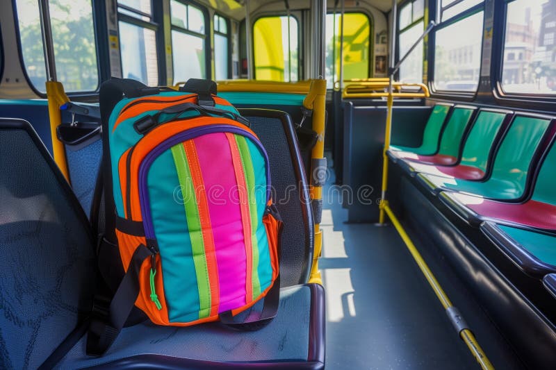 Brightly Colored Backpack on a Bus Seat, with the Aisle beside it Stock ...