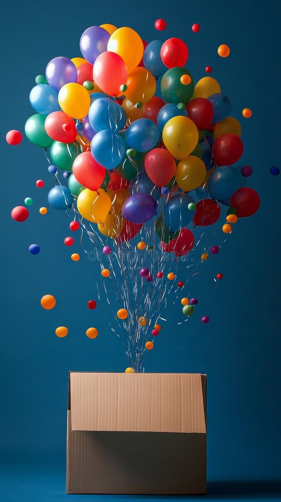 Colorful Balloons Burst from an Open Cardboard Box Creating a Festive ...