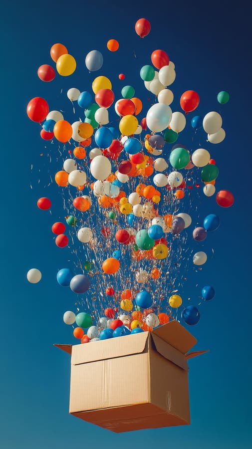 Colorful Balloons Burst from an Open Cardboard Box Creating a Festive ...