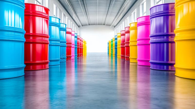 Brightly Colored Barrels Creating a Path in Modern Industrial Warehouse ...