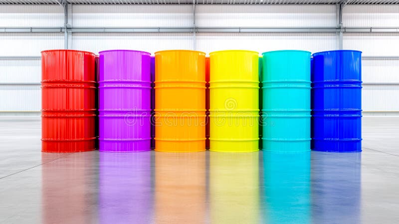 Brightly Colored Barrels Standing in Modern Warehouse, Storage and ...