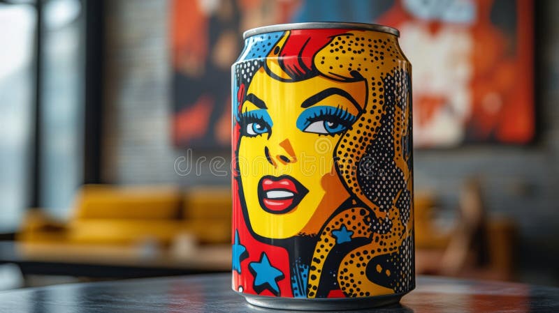 Brightly Colored Beverage Can Featuring Pop Art Style Design in a ...