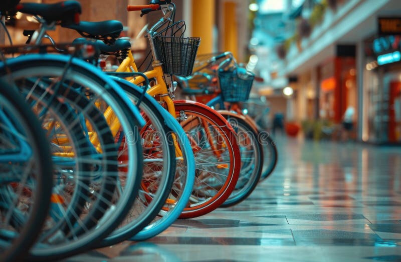 Brightly Colored Bicycles Line the Sidewalk Stock Photo - Image of ...