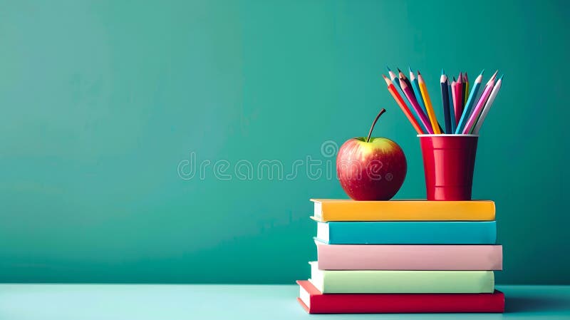 Brightly Colored Books on a Desk with Pencils and an Apple, Represents ...