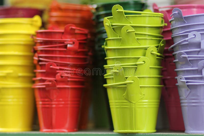 Brightly Colored Buckets at the Flower Market in Paris Stock Photo ...