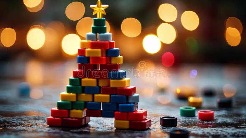Colorful Building Blocks Stacked in a Christmas Tree Shape with Blurred ...