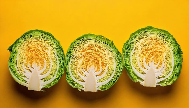 Three Halves of Fresh Green Cabbage Arranged on a Vibrant Yellow ...