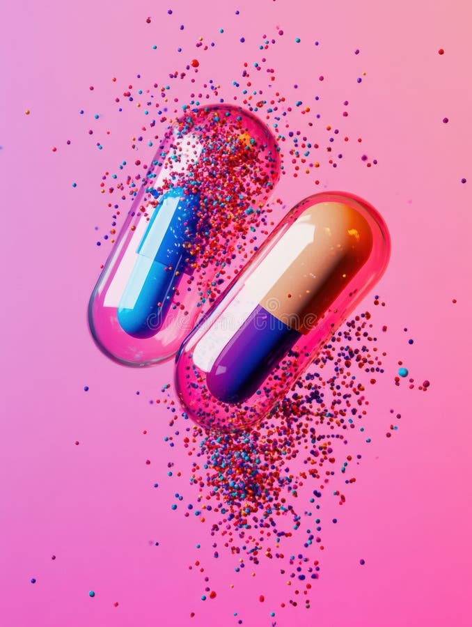 Colorful Capsules Split Open with Vibrant Particles Spilling on a Pink ...
