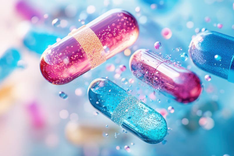 Colorful Capsules Floating in a Vibrant, Blurred Background with ...