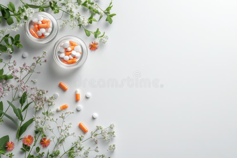 Colorful Capsules and Tablets Arranged with Fresh Herbs on a Light ...