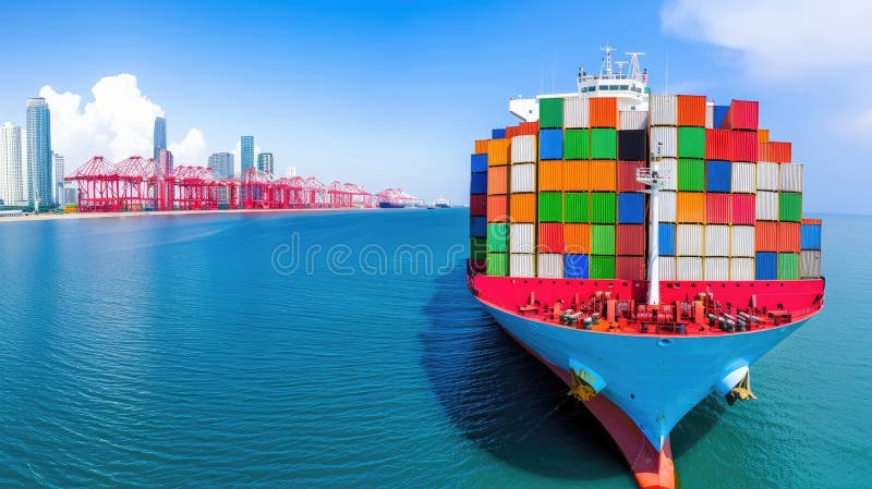 A Brightly Colored Cargo Ship with Stacked Containers Approaches a ...