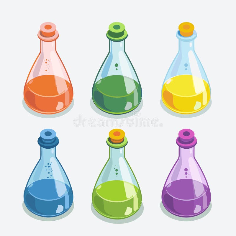 Brightly Colored Cartoon Science Flasks Containing Various Liquid ...