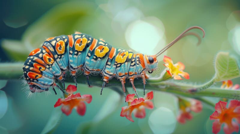A Brightly Colored Caterpillar on a Branch with Pink Flowers Stock ...