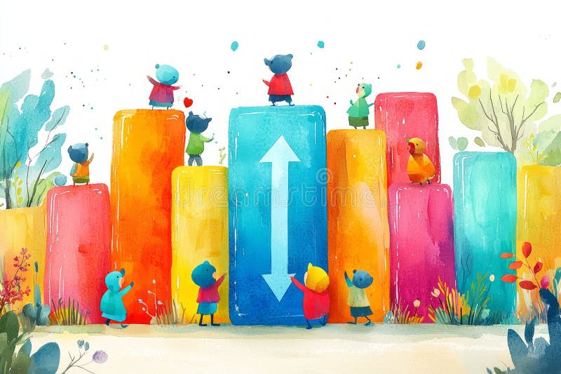 Brightly Colored Characters Joyfully Push Large Progress Bar Forward in ...