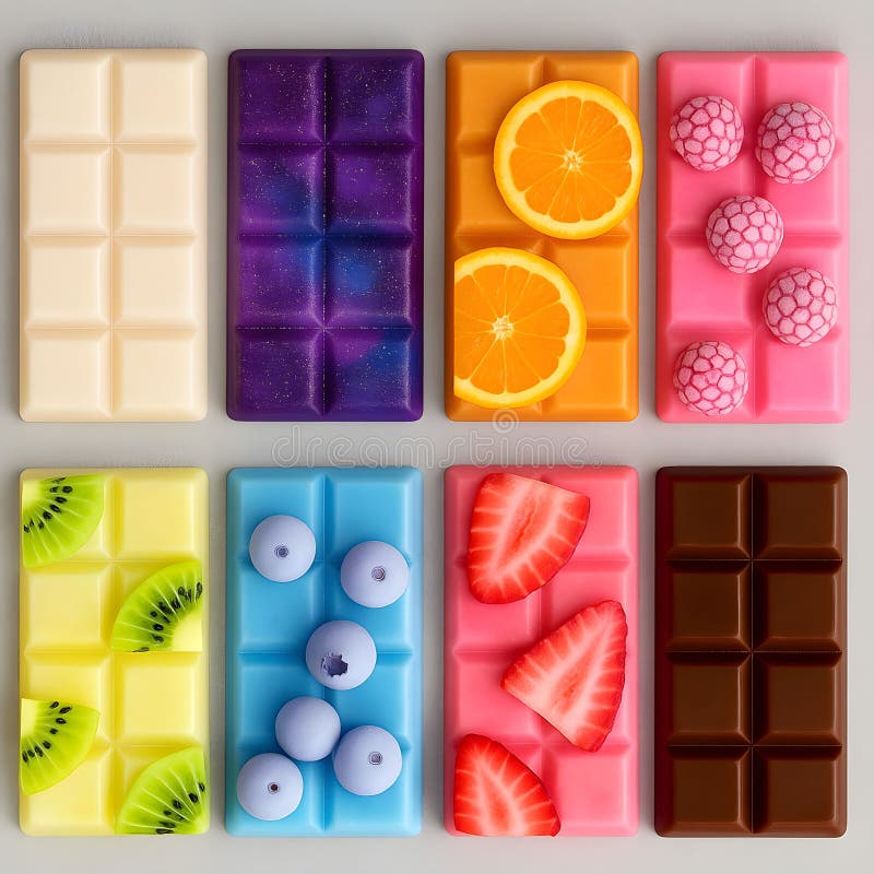Colorful Chocolate Bars Arranged Artistically with Fruit Toppings in a ...