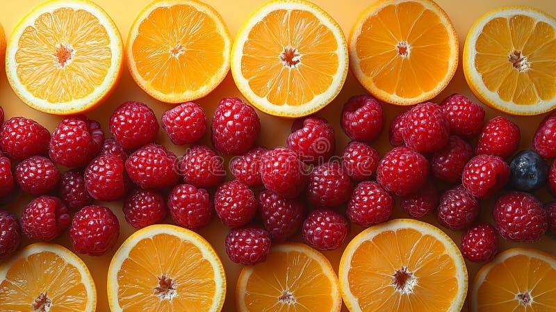 Brightly Colored Citrus and Berries Arranged Aesthetically on a Vibrant ...